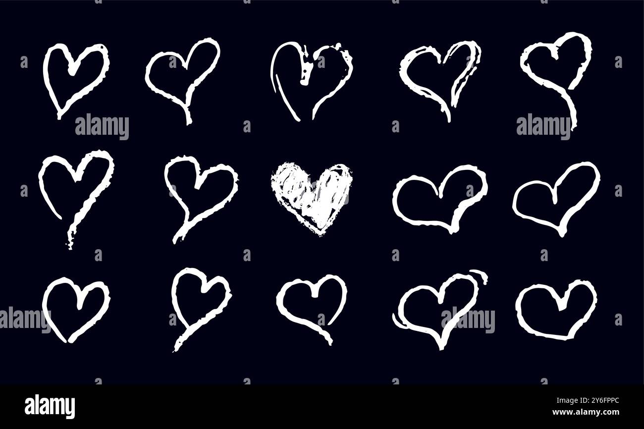 Set of white hearts signs drawn by wax pencil. Love symbols in doodle ...