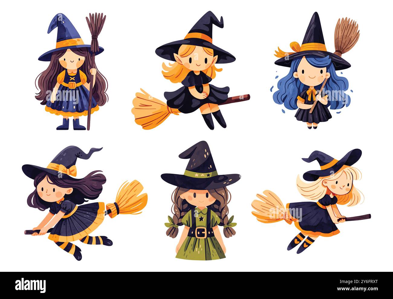 Cute Cartoon Halloween Witches watercolor vector clipart Stock Vector ...