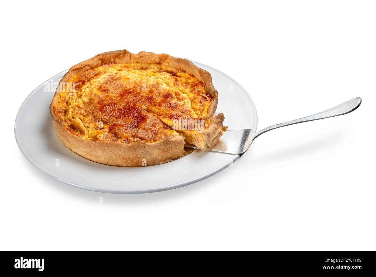 Salty cake with egg and ham and cottage cheese with paddle lifting ...