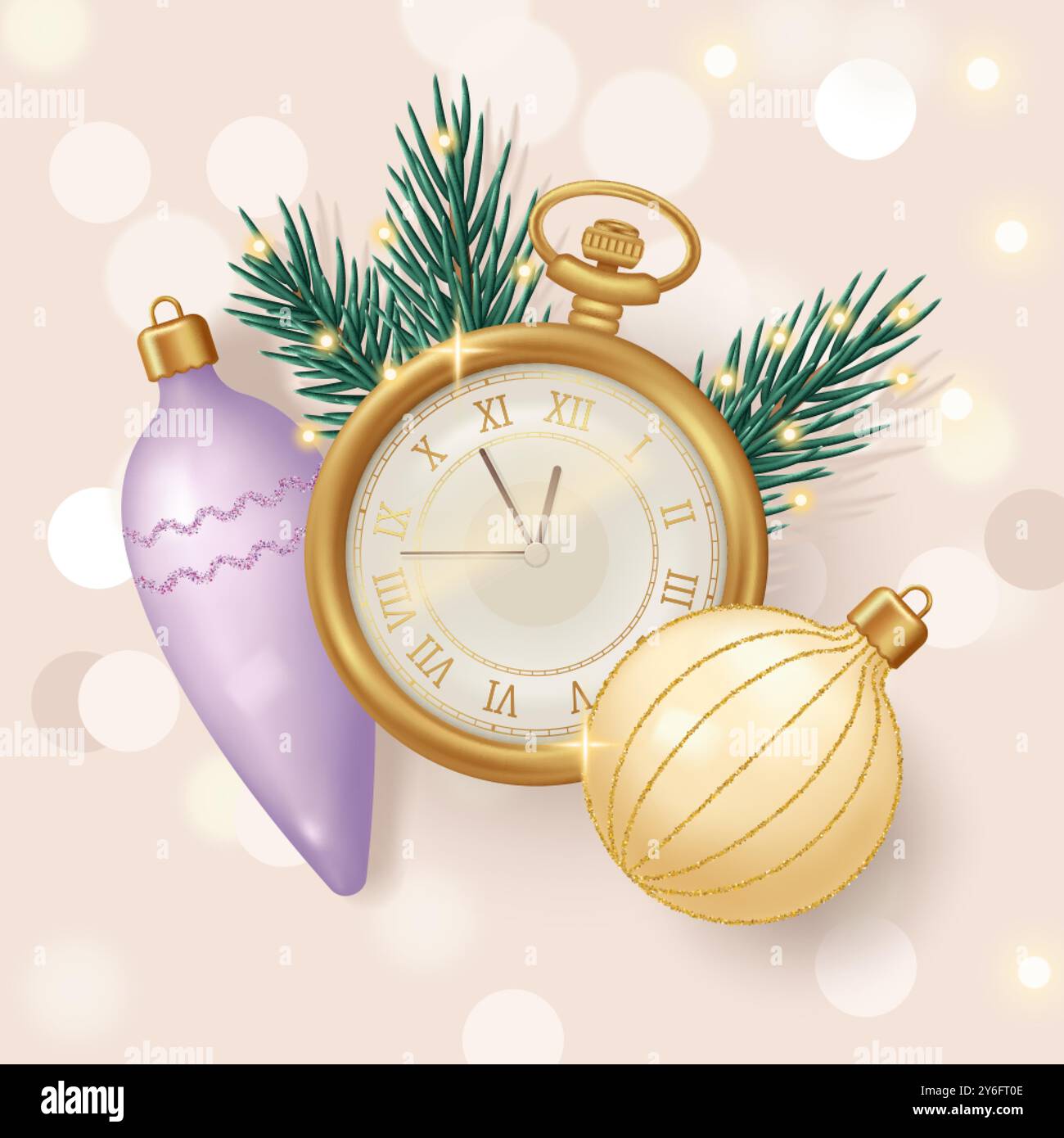 Christmas composition with a realistic old vintage clock, glass balls ...