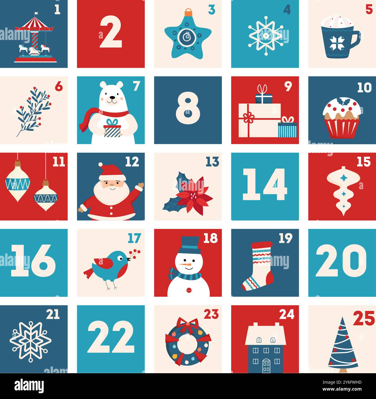 Christmas advent calendar with Santa Claus, snowflakes, snowman, gifts ...
