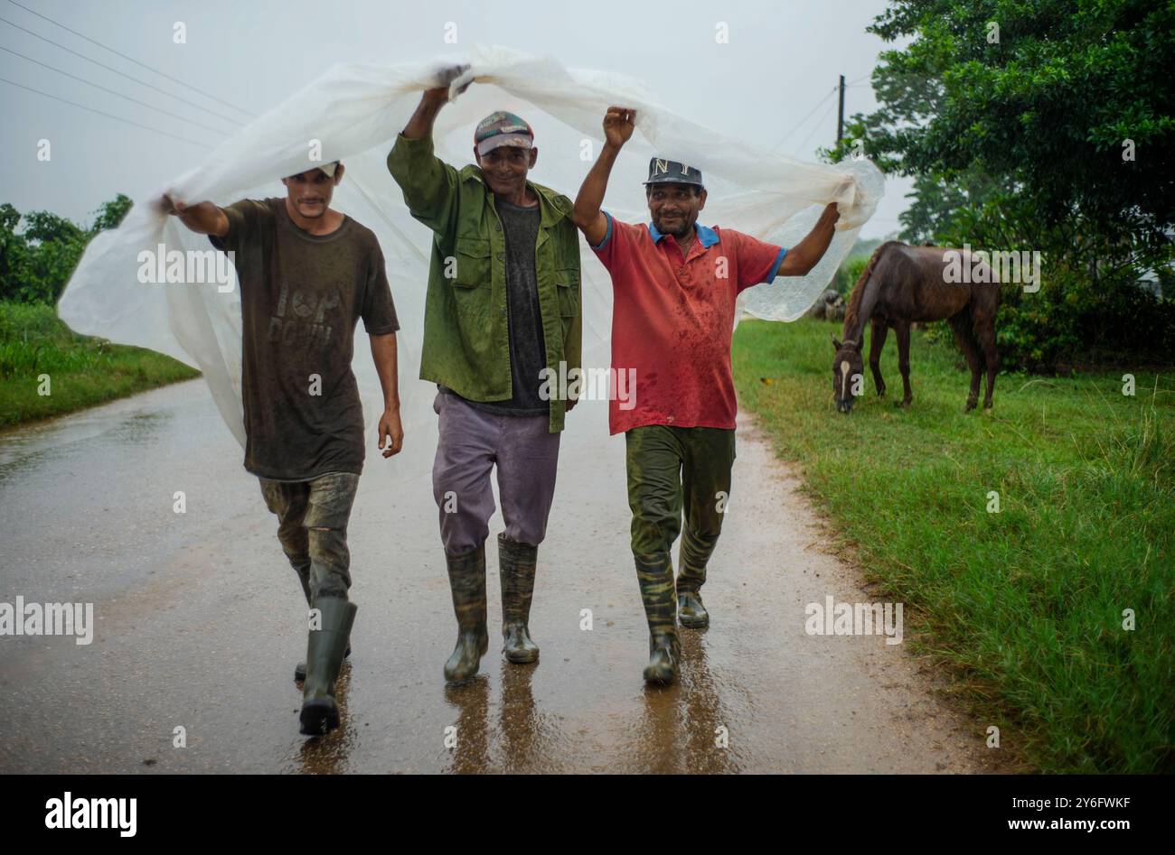 Residents use a piece of plastic as protection from heavy rains brought ...
