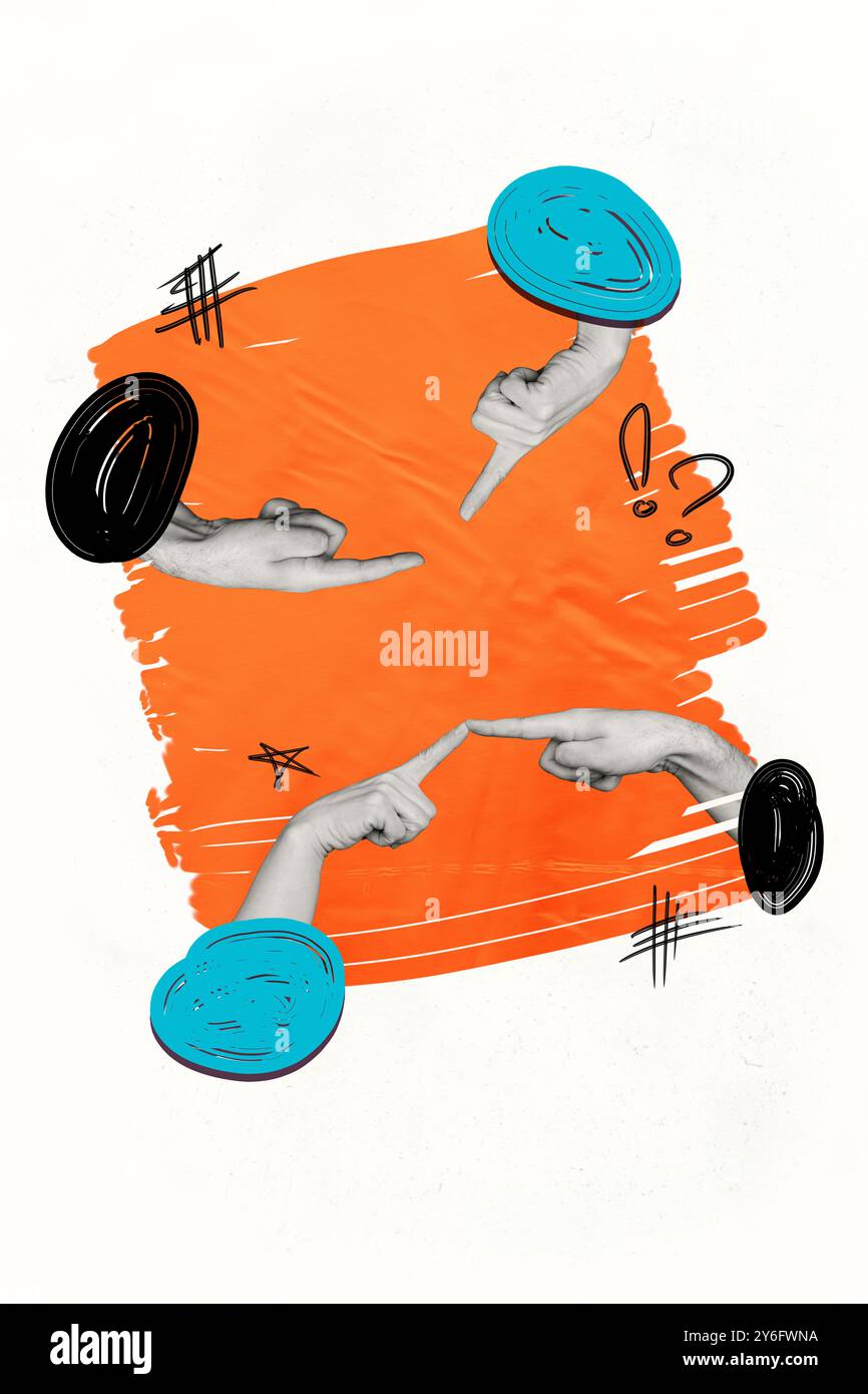 Vertical photo collage of people hands fingers point each other blame ...