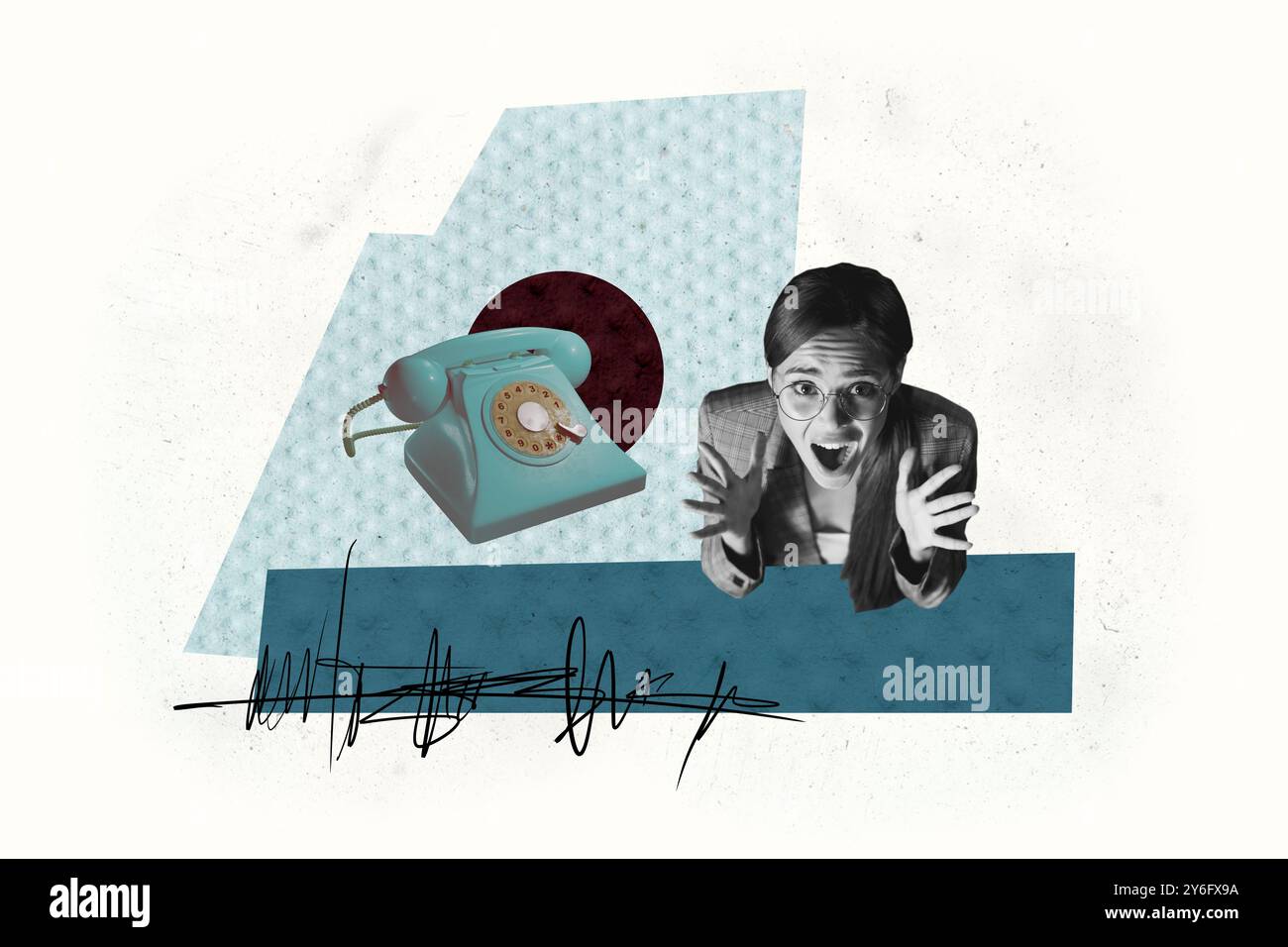 Creative collage picture young woman scream shout telephone landline ...