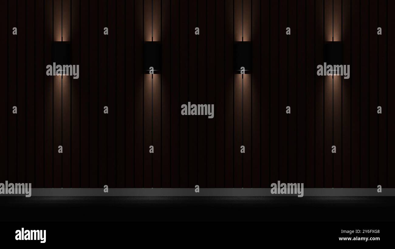 Slatted wooden panel wall with targeted lighting, creating a modern and ...
