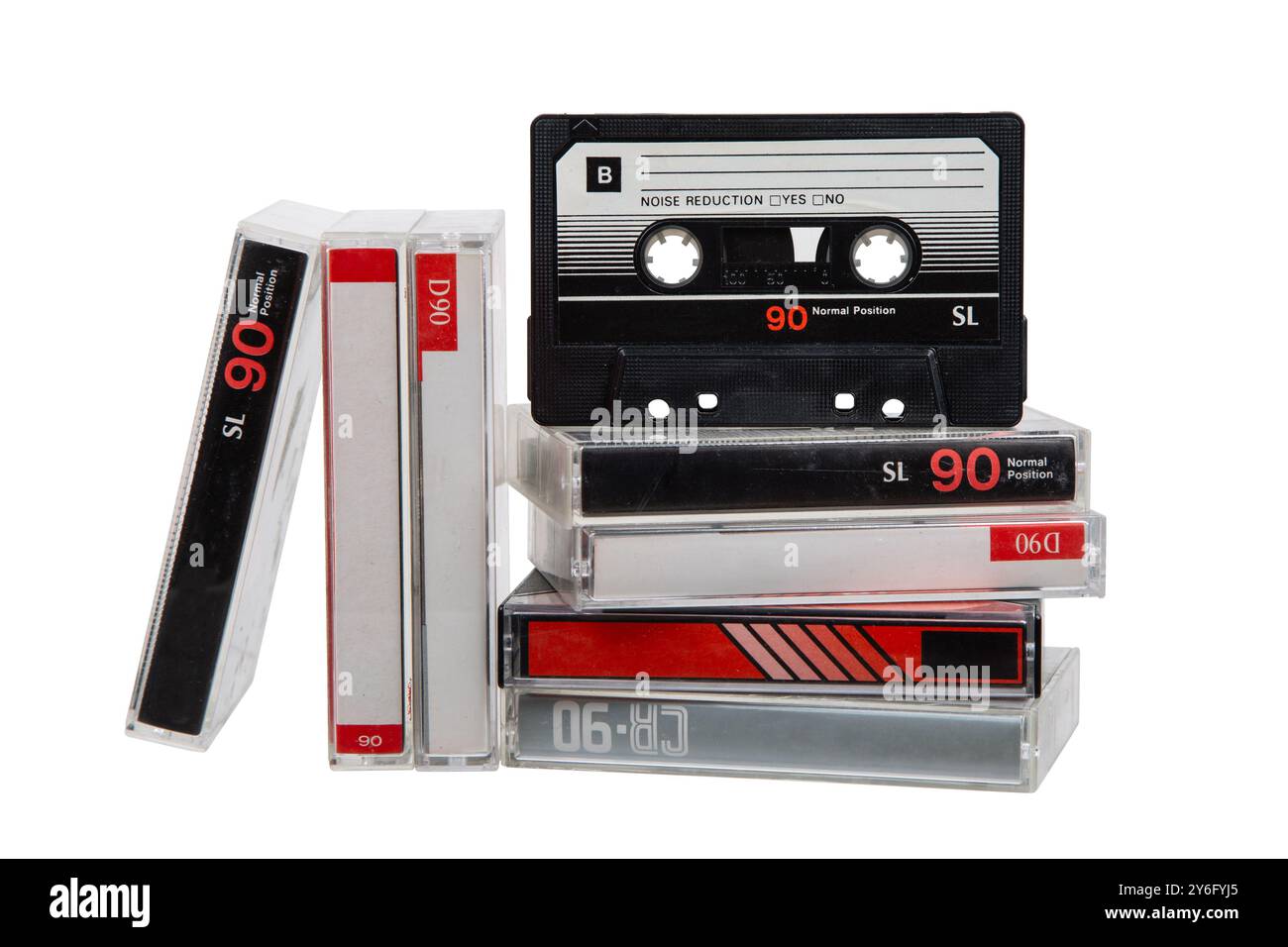A stack of audio cassettes. Close-up of an audio cassette with a ...