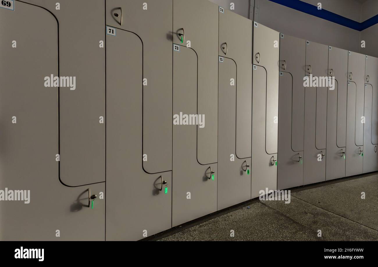 Gray lockers for clothes, lockable shelves, lockers for students at ...