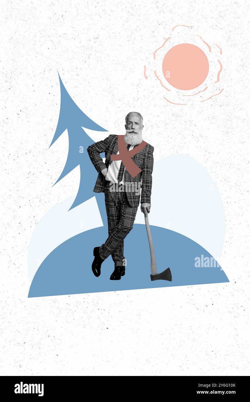 Vertical photo collage of serious old lumberjack man stand forest wear ...