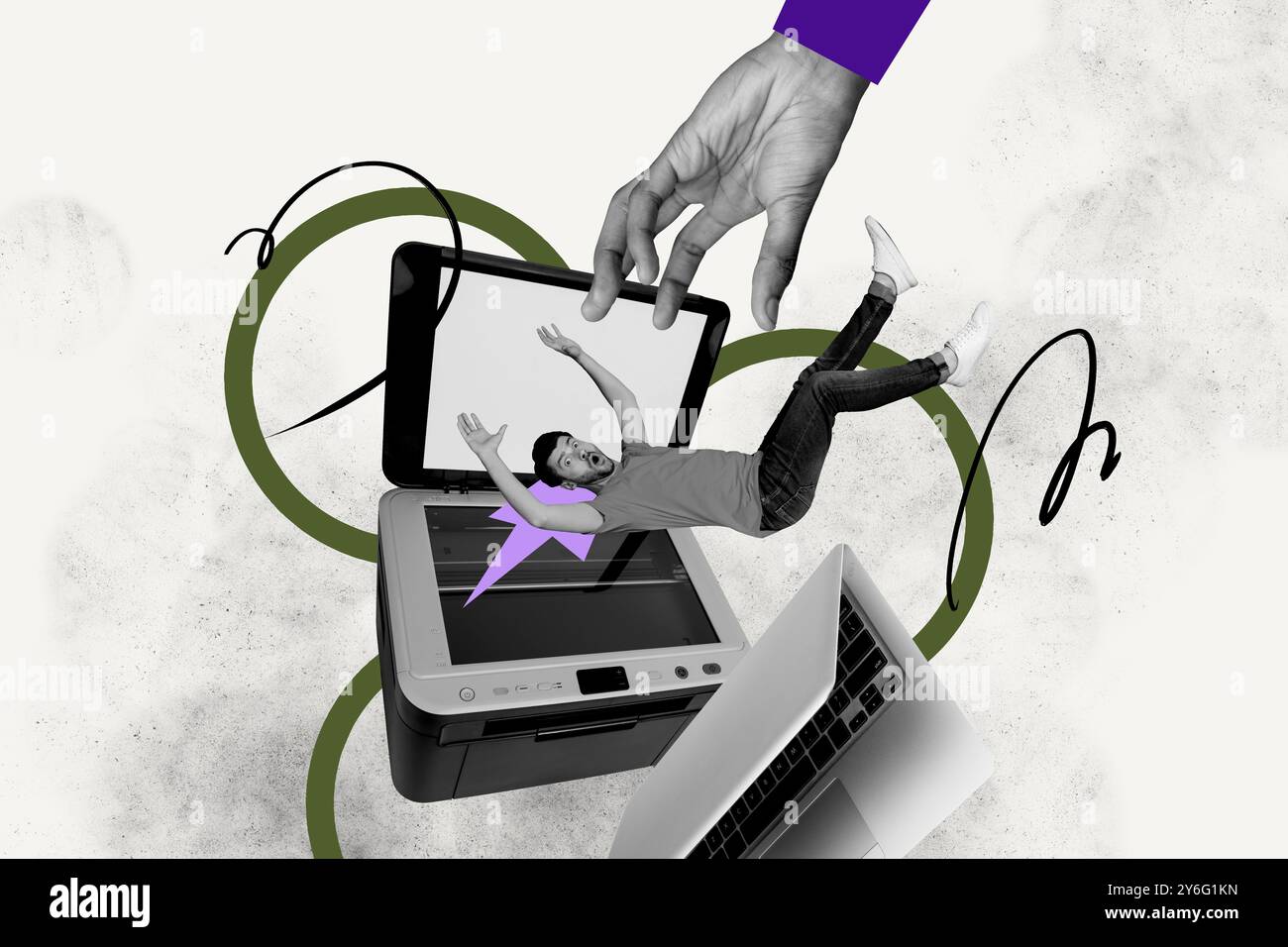 Creative collage young man falling down printer computer digital device ...