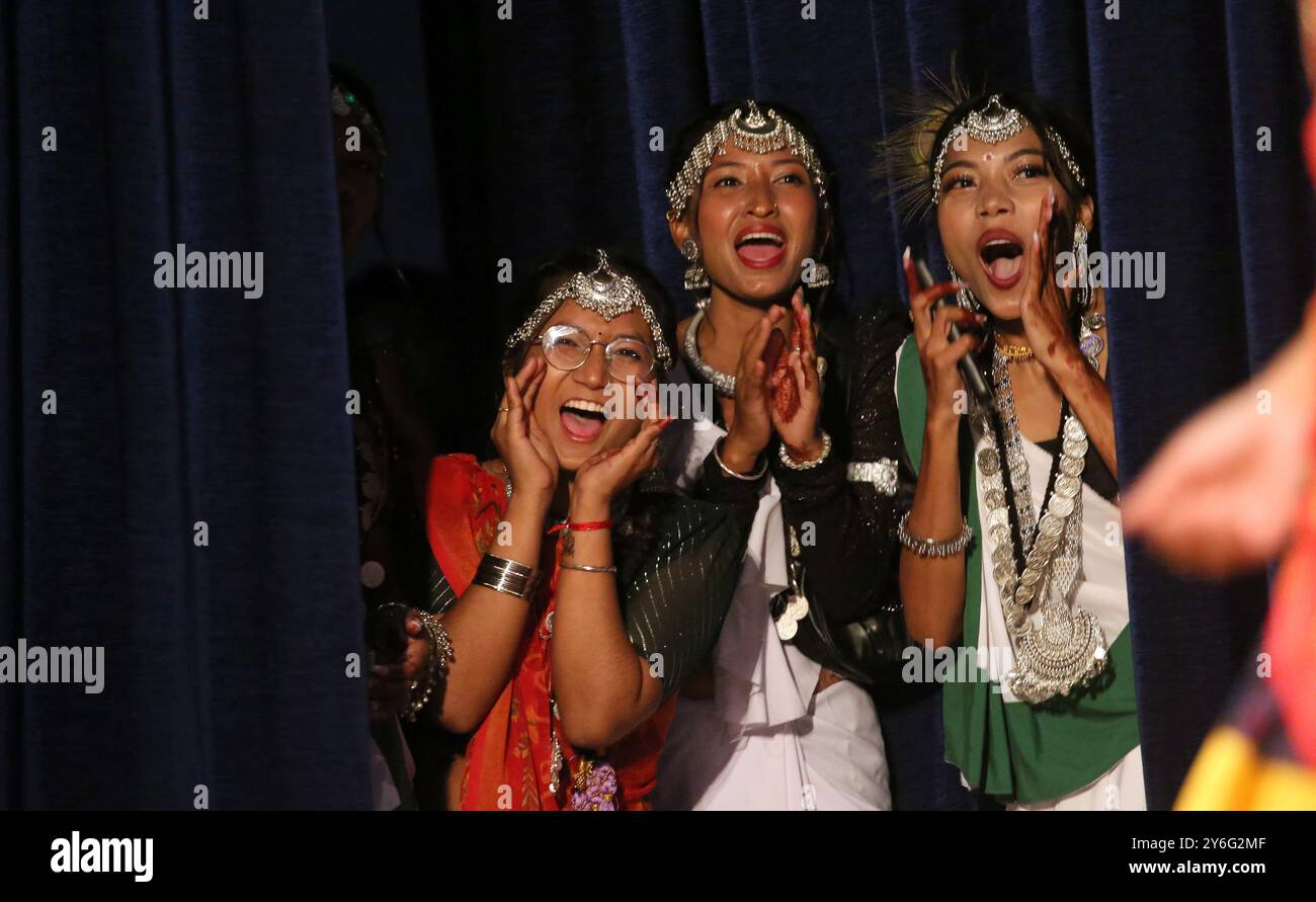 September 25, 2024: Kathmandu, Nepal : Girls fom Tharu community cheer ...