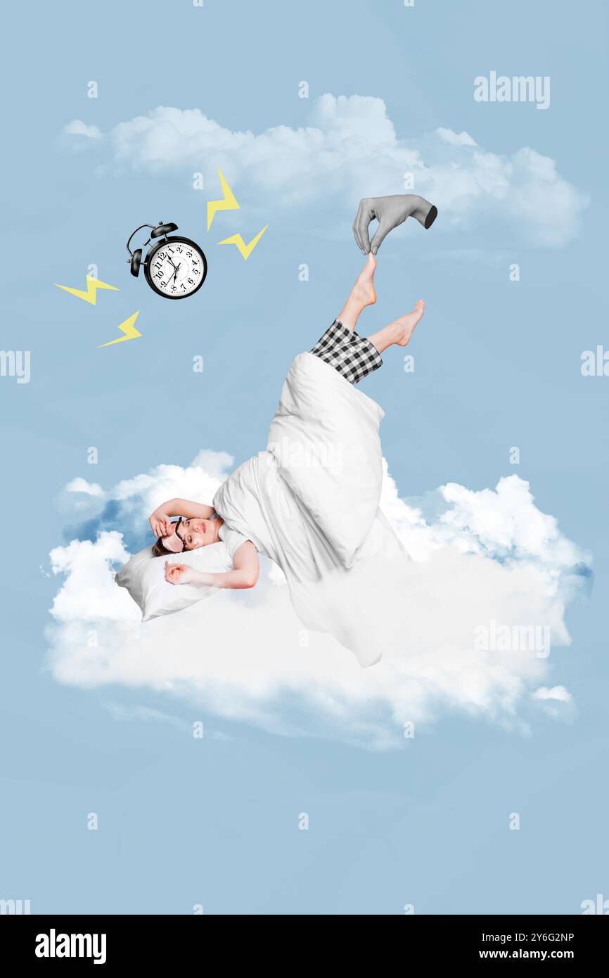 Vertical collage picture young sleepy girl bedtime sleepover late alarm ...
