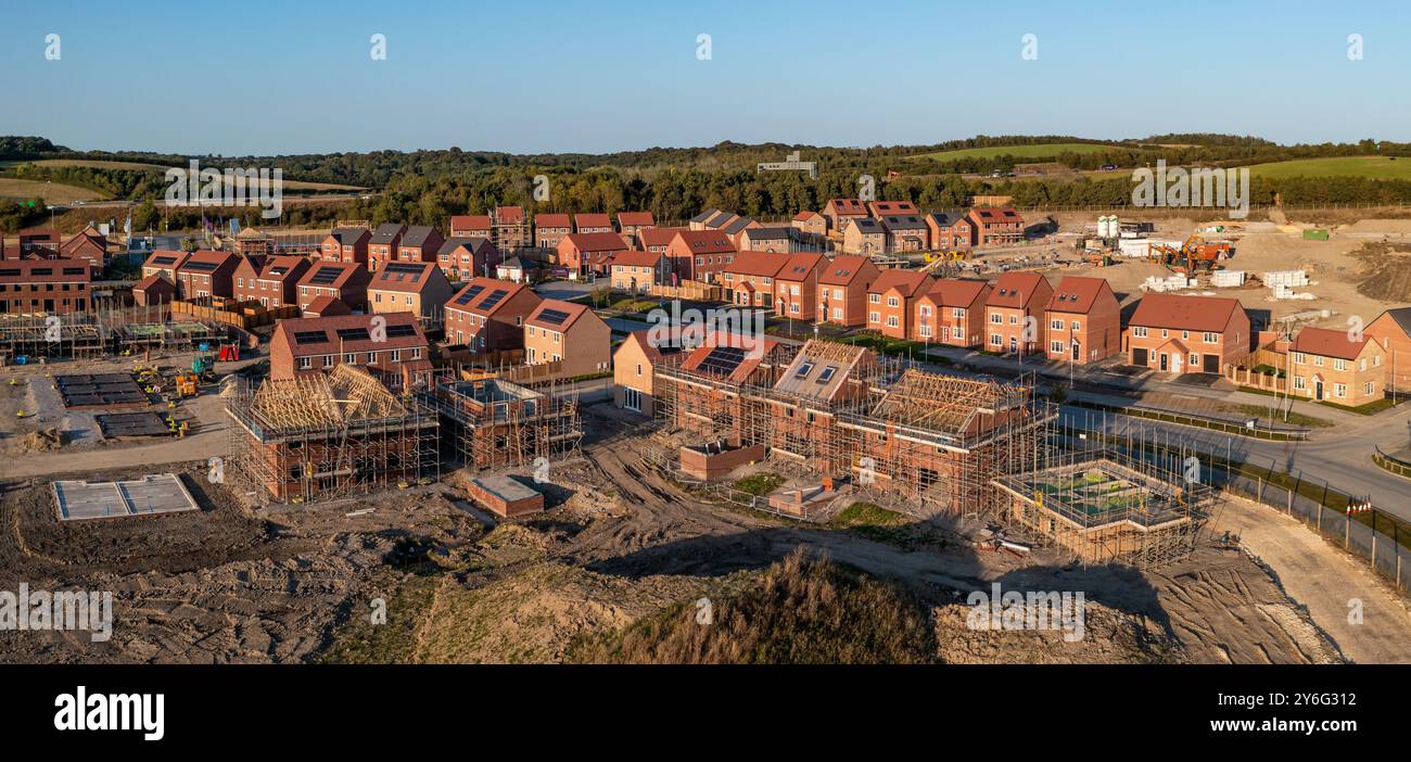 Aerial panoramic landscape view of a new build housing estate with ...