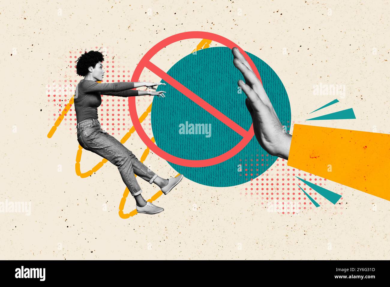 Picture image collage of human arm person against racism stop symbol ...