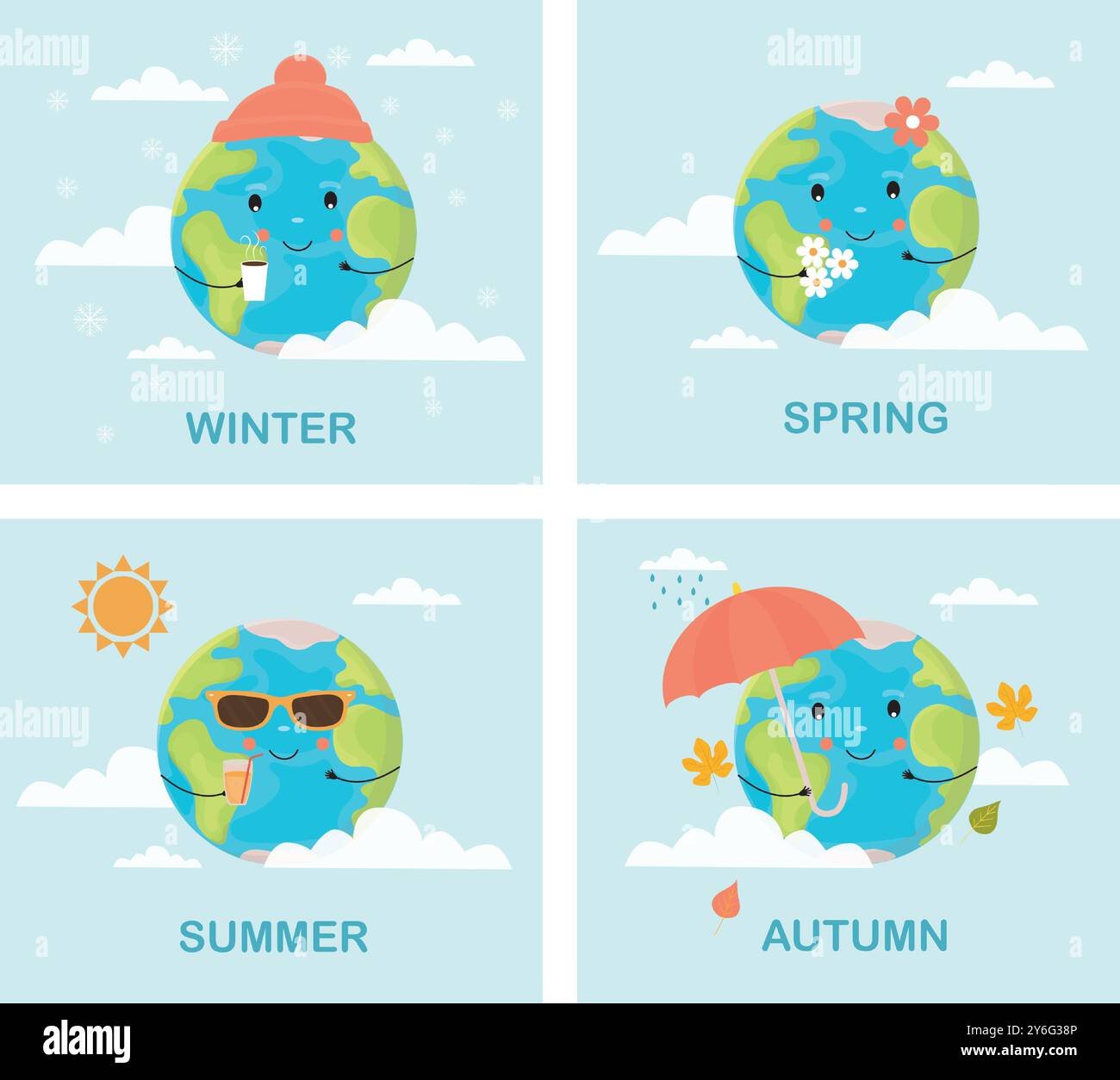 Cute planet in four seasons. Earth in spring,summer,autumn and winter ...