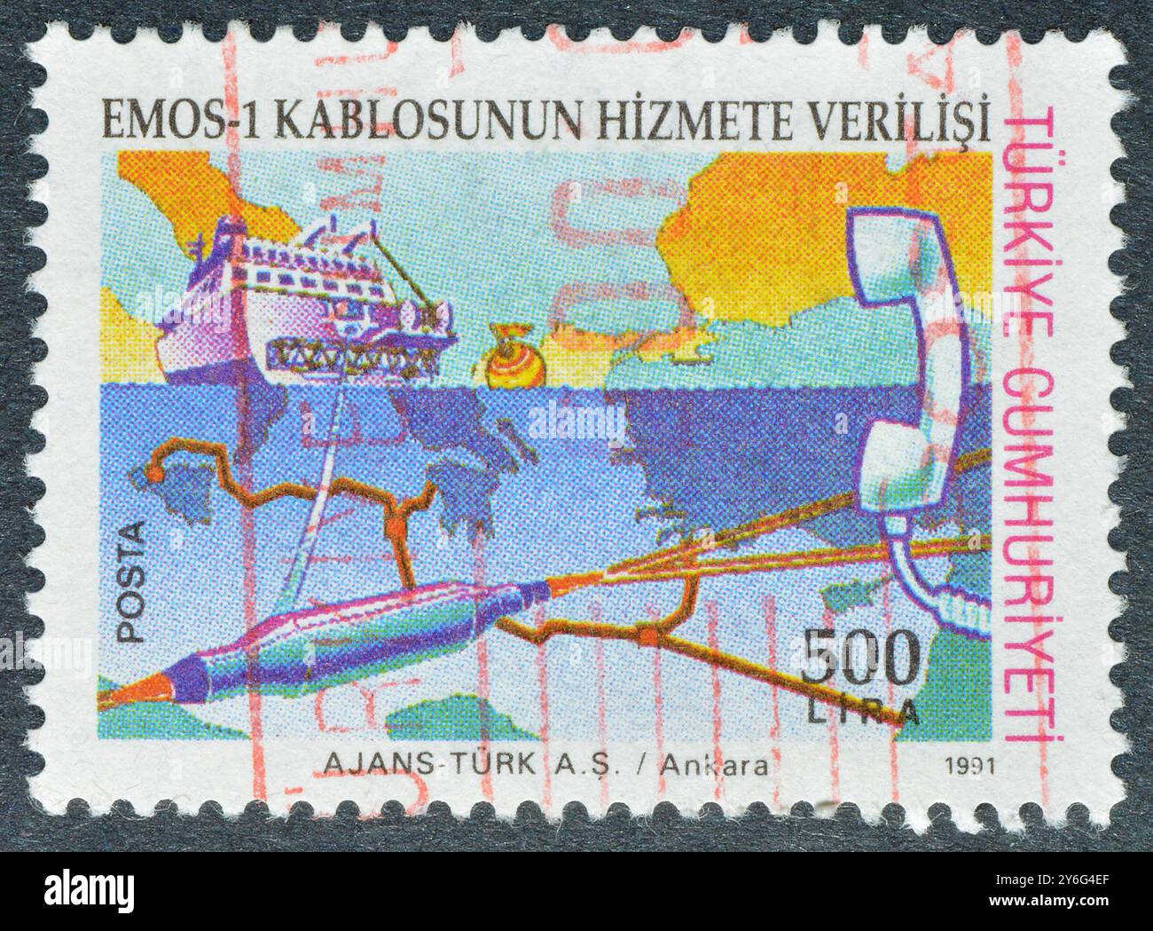 Cancelled postage stamp printed by Turkey, that shows Cable Ship, Map ...