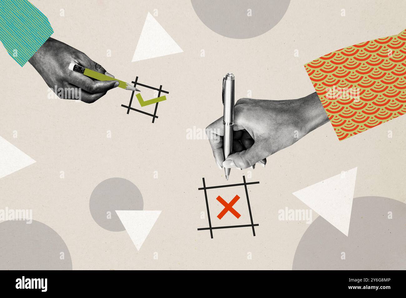 Composite photo collage of hands hold pen put checkmark sign project ... Composite photo collage of hands hold pen put checkmark sign project ...