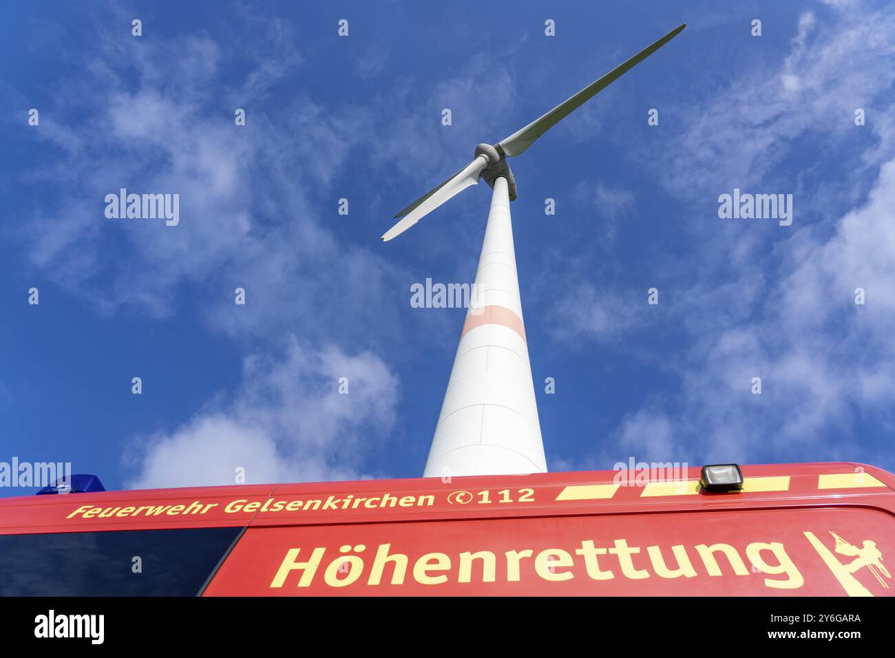 Height rescuers from the Gelsenkirchen fire brigade practise abseiling ...