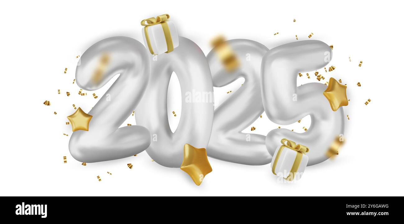 Realistic 2025 white numbers and festive confetti on light background ...