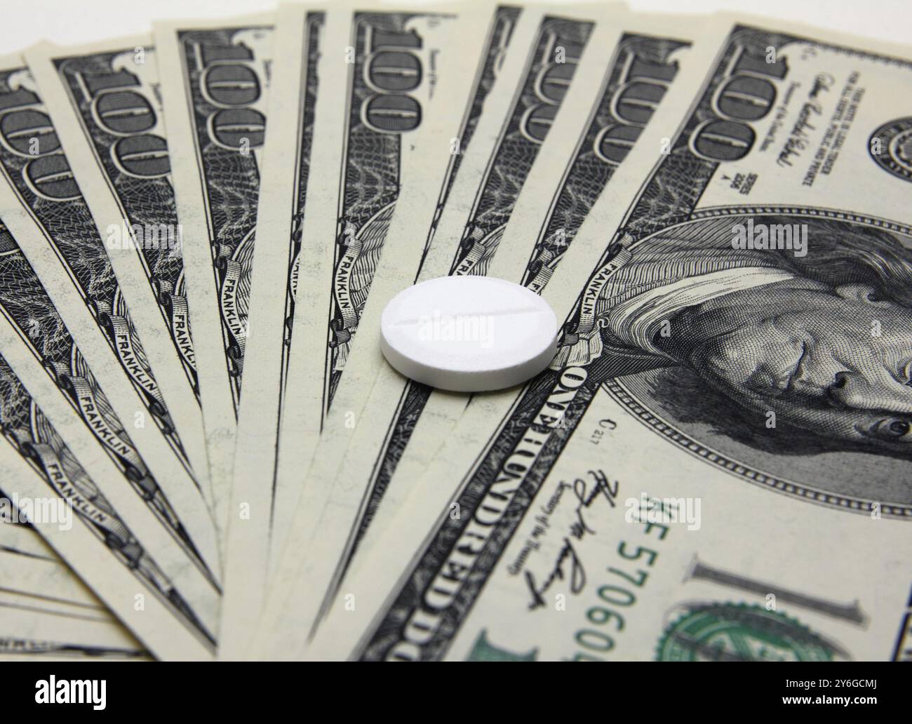 Expensive medicine, pill on the hundred-dollar bills Stock Photo - Alamy