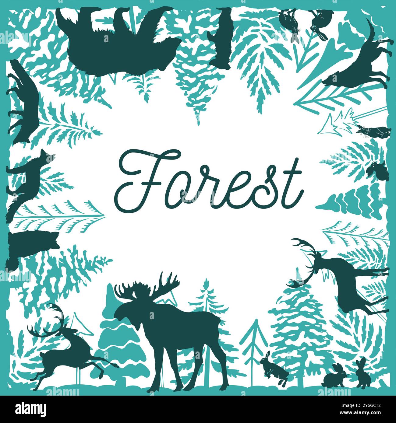 Frame of trees and animals in the forest. hand drawing. Not AI, Vector ...