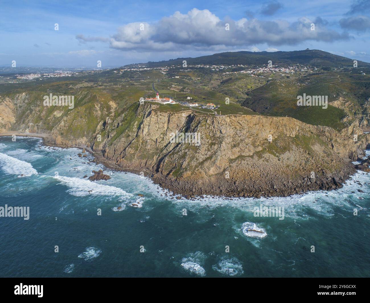 Aerial view of lighthouse at Cape Roca (Cabo da Roca) at sunset, the ...