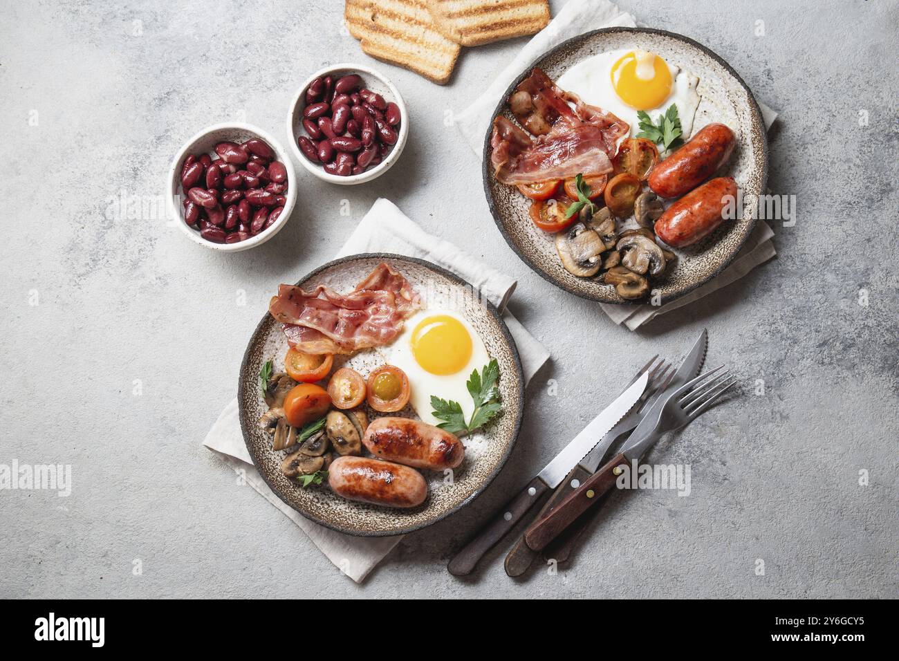 Food, English breakfast on gray plates on white background Stock Photo ...