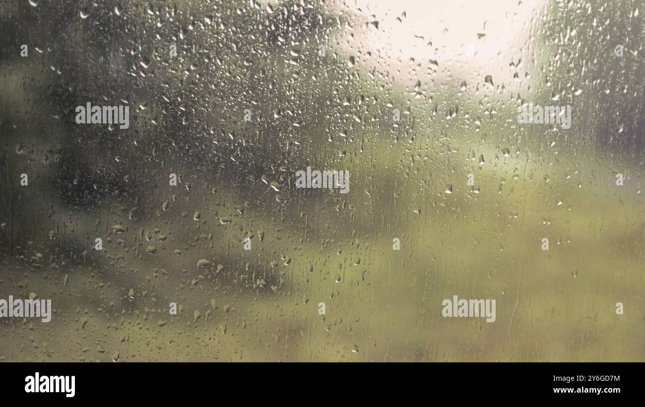 Rain drops on a window with green nature blurry background indicating ...