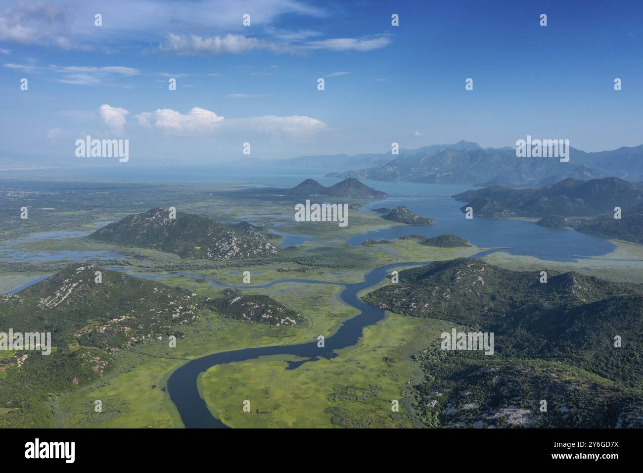 Aerial view of Rijeka Crnojevica, beautiful river between mountains flowing into Skadar Lake ...