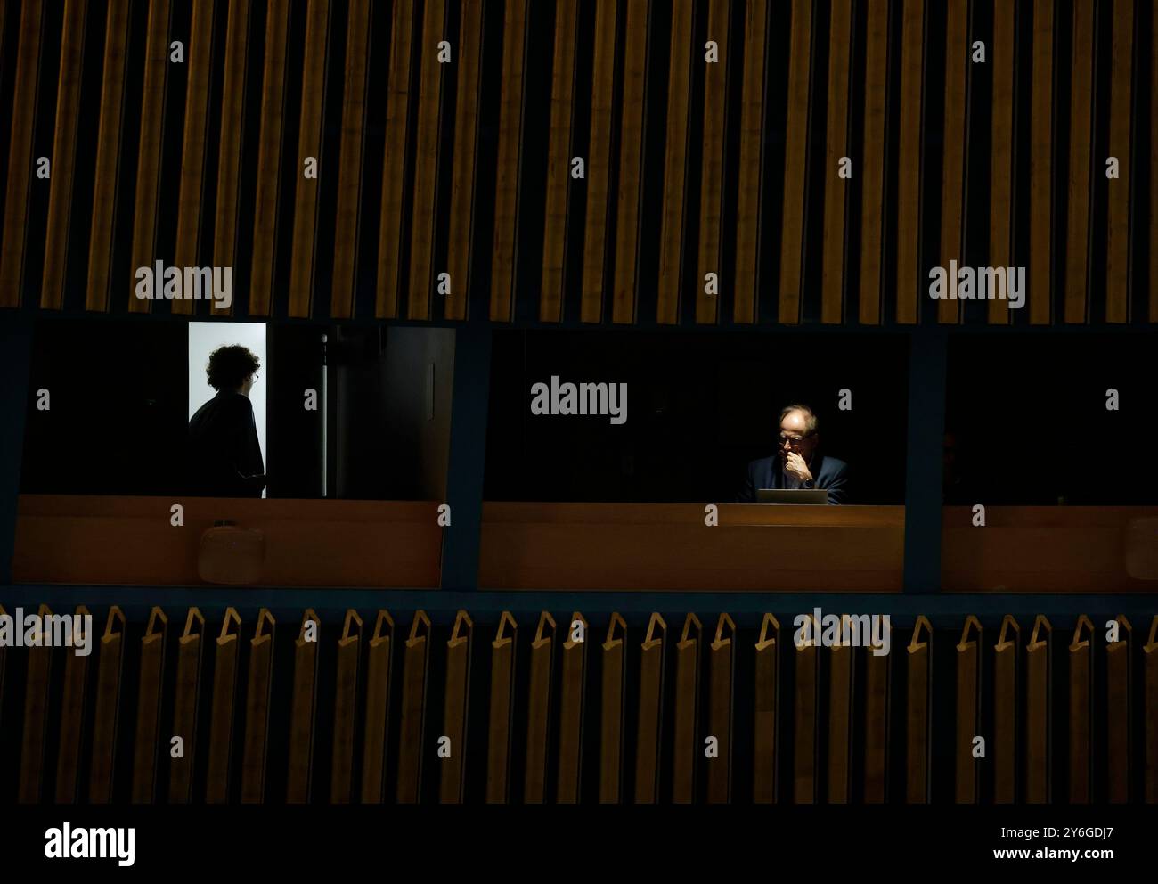 New York, United States. 25th Sep, 2024. Media booths surround the room ...