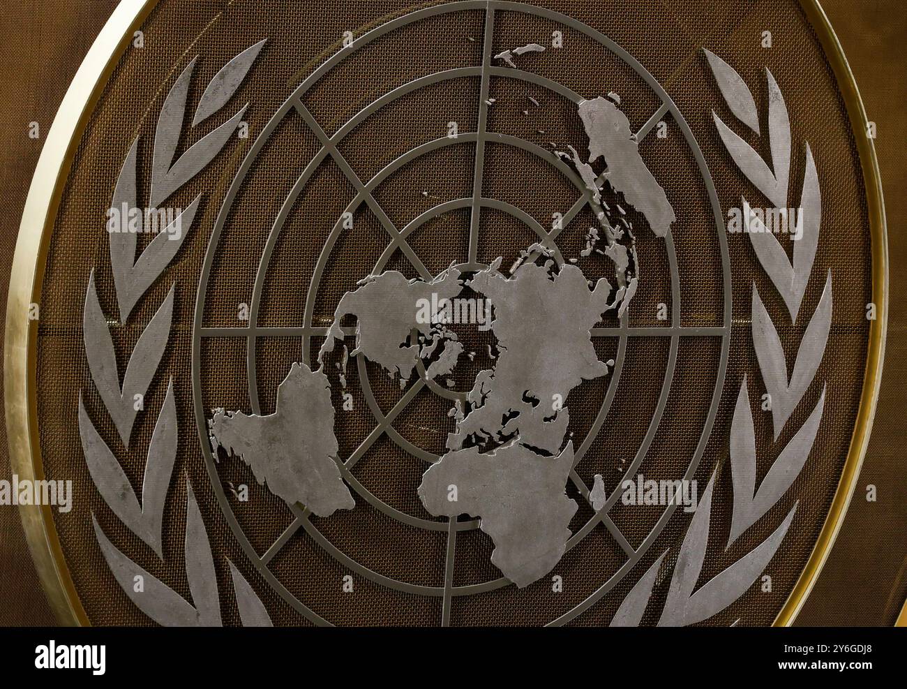 New York, United States. 25th Sep, 2024. The United Nations logo hangs ...