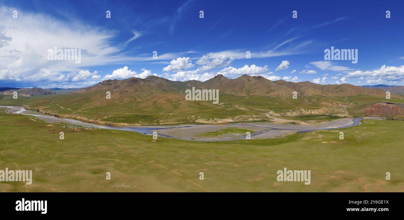 Aerial panorama view of steppe and mountains landscape in Orkhon valley ...