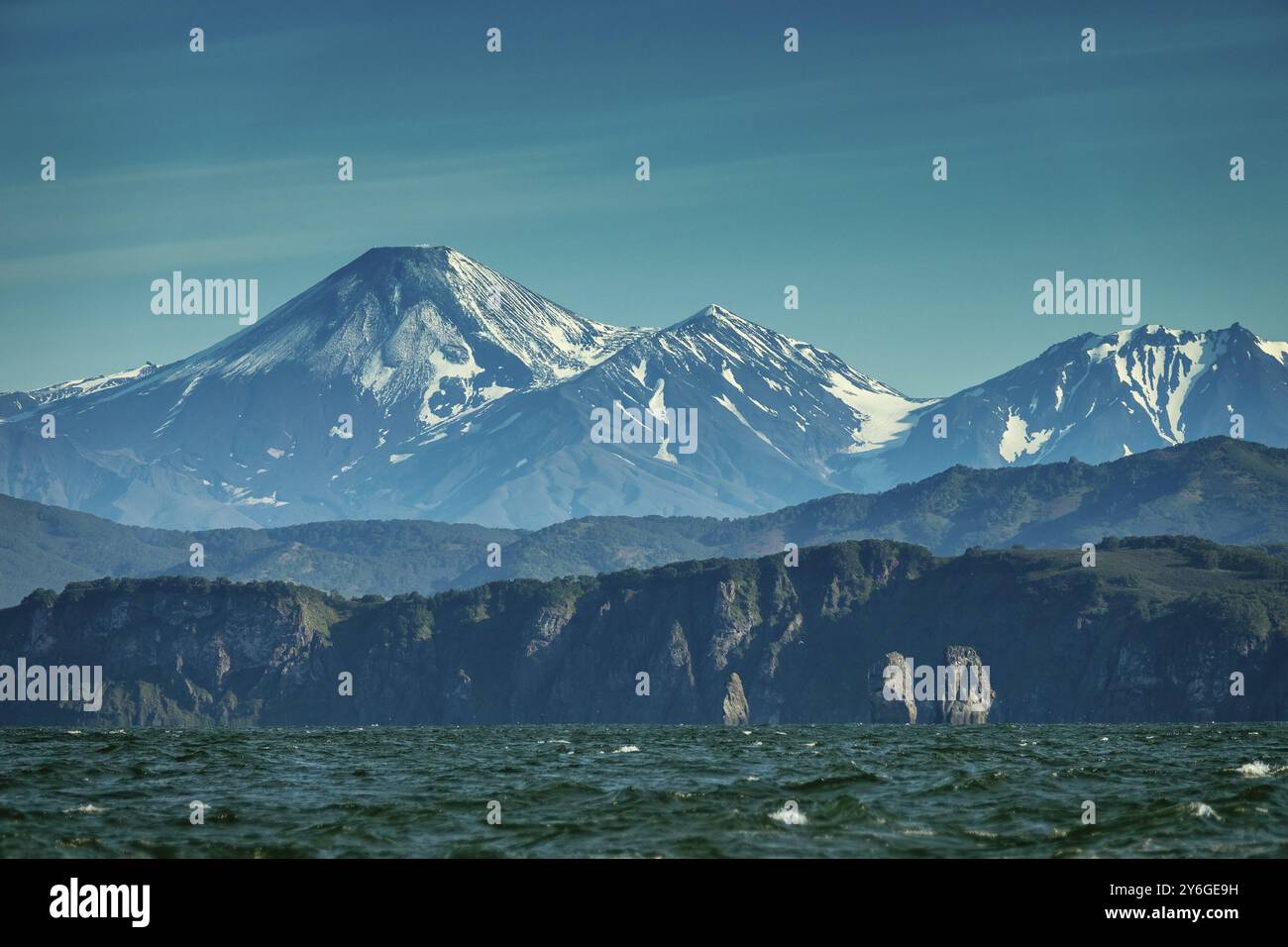 Beautiful summer landscape of Kamchatka, Three Brothers Rocks in Avacha ...