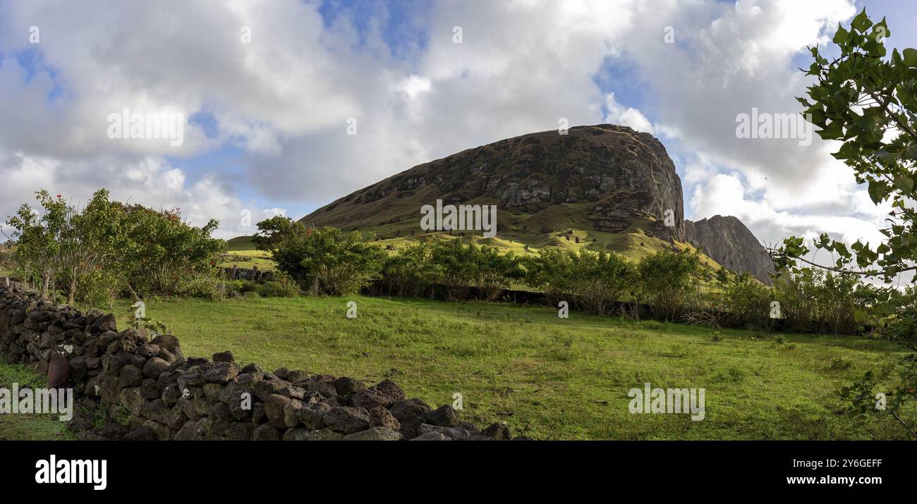 Food, Food, Easter Island. Volcano Ranu Raraku moai quarry on Rapa Nui ...