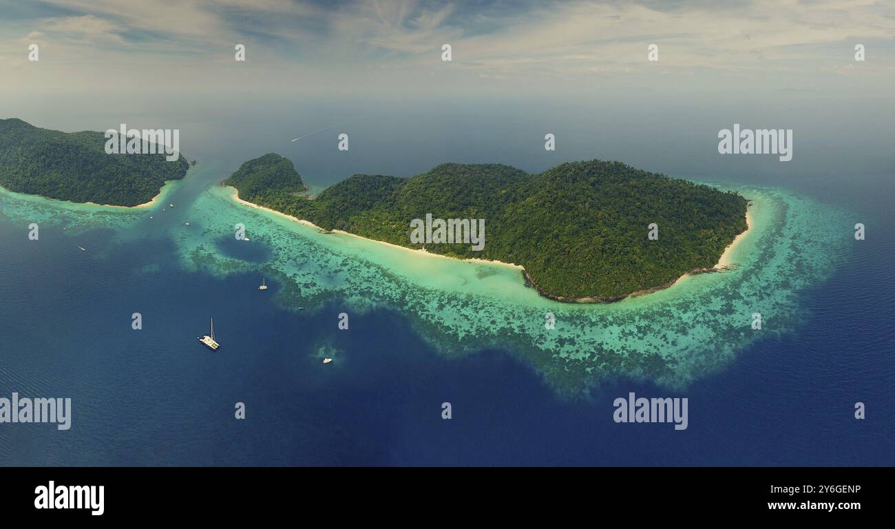 Aerial top panorama view of beauty nature landscape with beach, corals ...