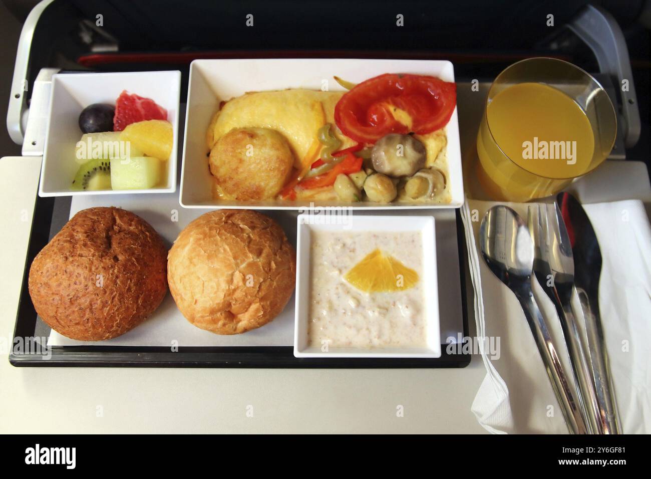 Lunch in airplane, seafood meal Stock Photo - Alamy