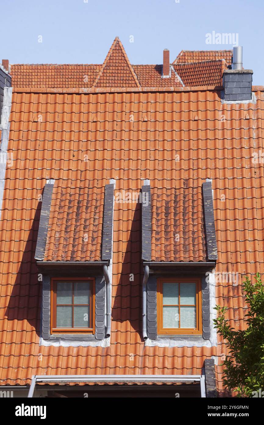 Reddish roof with roof tiles and skylights in the historic city centre ...