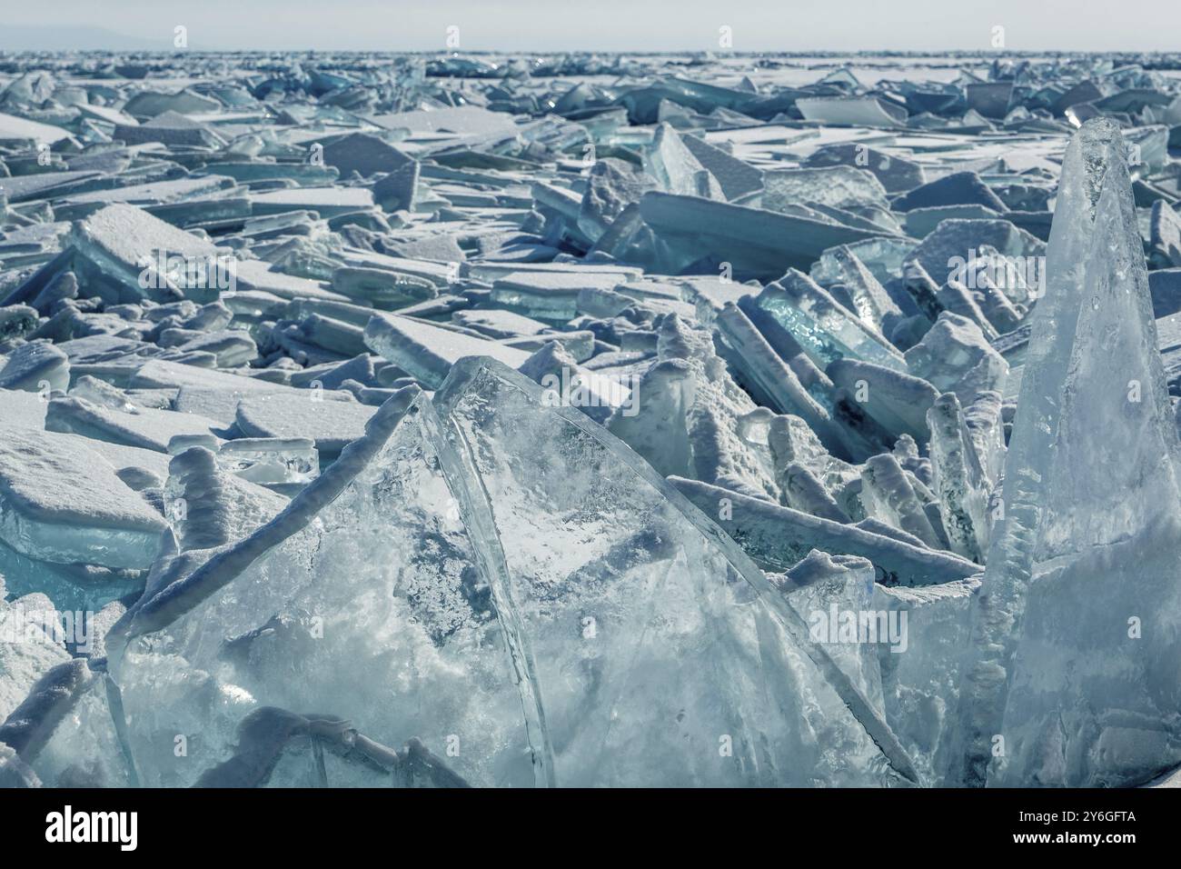 Landscape with huge ridge of ice hummocks on Lake Baikal, Russia ...