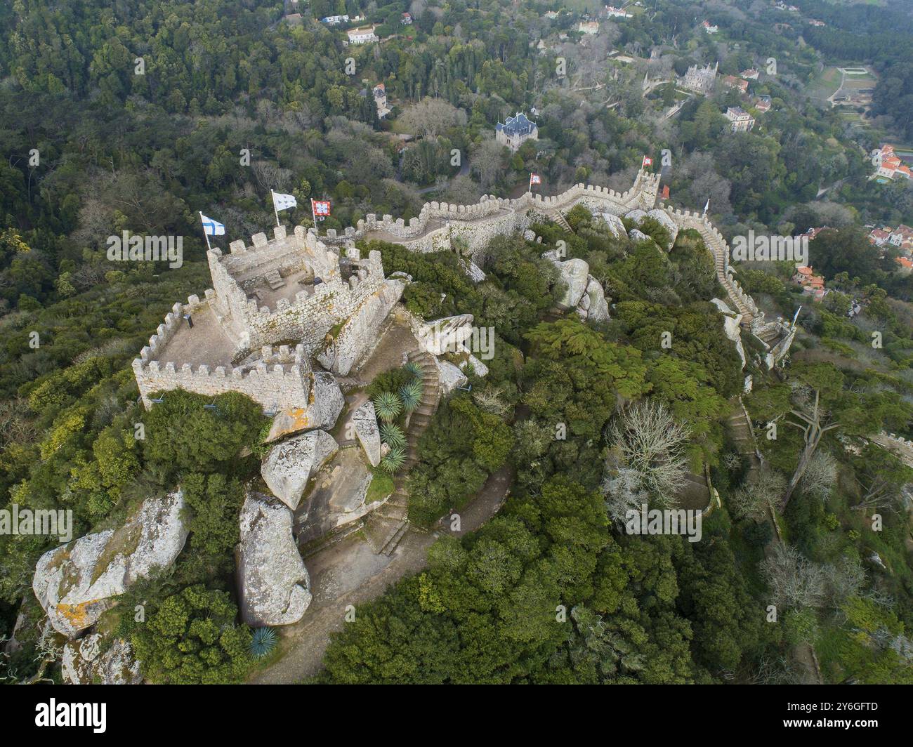 Aerial view of Castelo dos Mouros or Moorish Castle, Sintra, Portugal ...