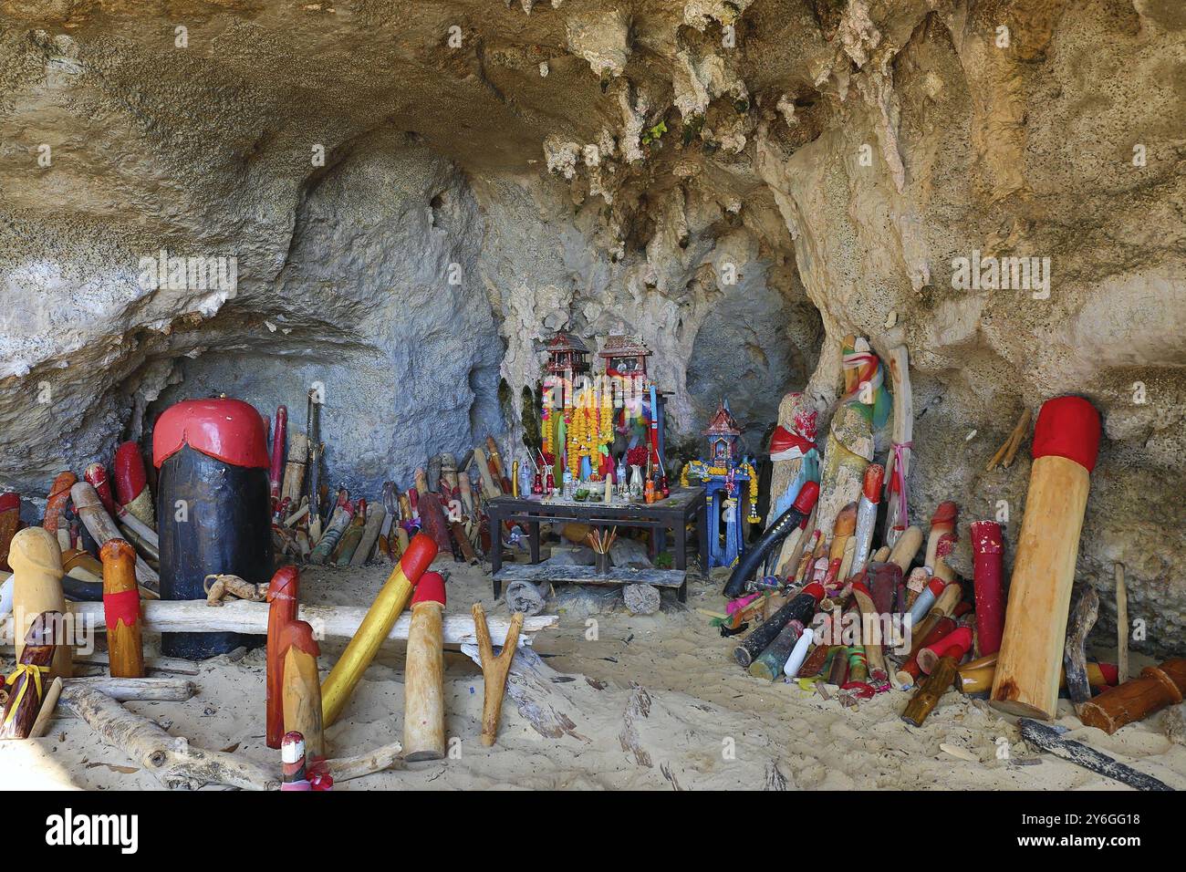 Wooden phalluses in Princess cave (Pranang cave) . South Railay beach ...