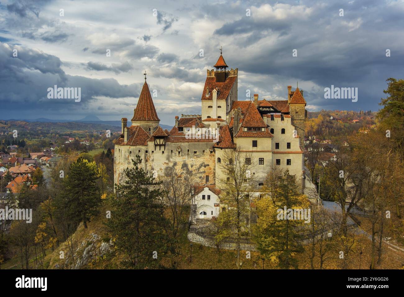 Aerial view of Bran castle in Transylvania region, Romania. Autumn ...