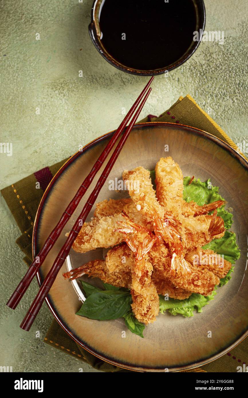 Food, Shrimp in tempura, deep fried, with soy sauce, close-up, top view ...