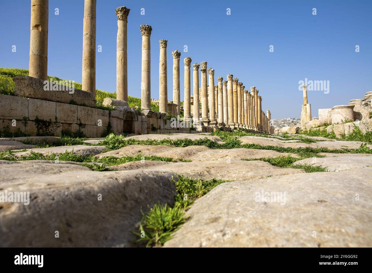 Pillars of the Colonnaded Street at the Roman historical site of Gerasa ...