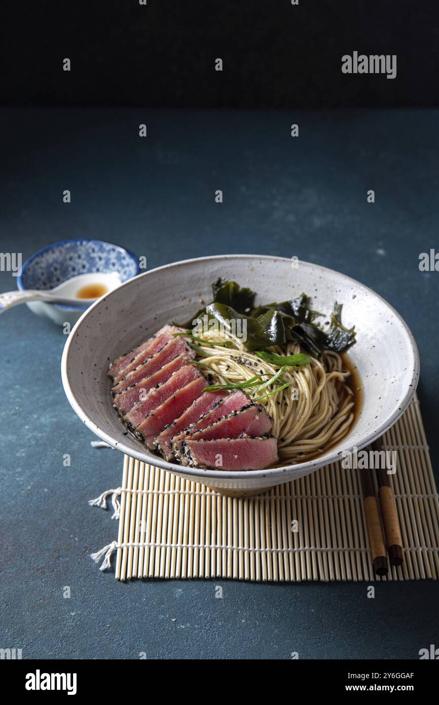 Food, Tuna steak ramen. Japanese soup with noodles ramen, miso, fried ...
