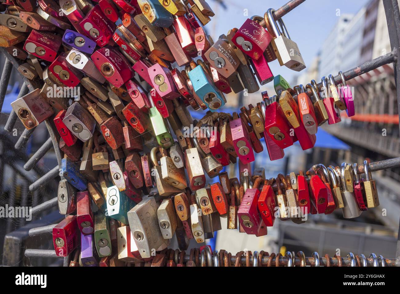 Colourful love locks on the lock bridge at Alsterfleet, Hamburg ...