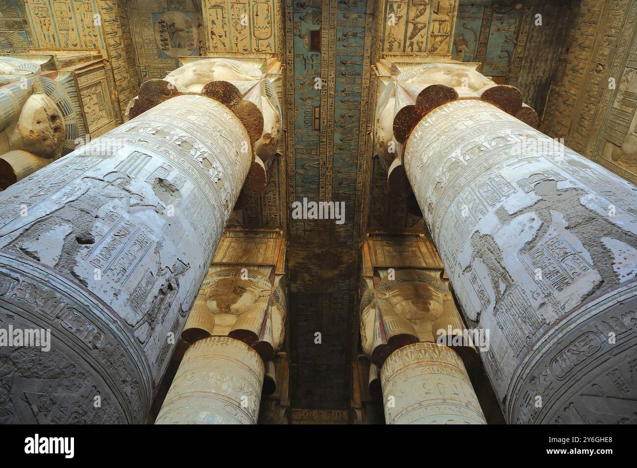 Interior of the painted and carved hypostyle hall at Dendera Temple ...