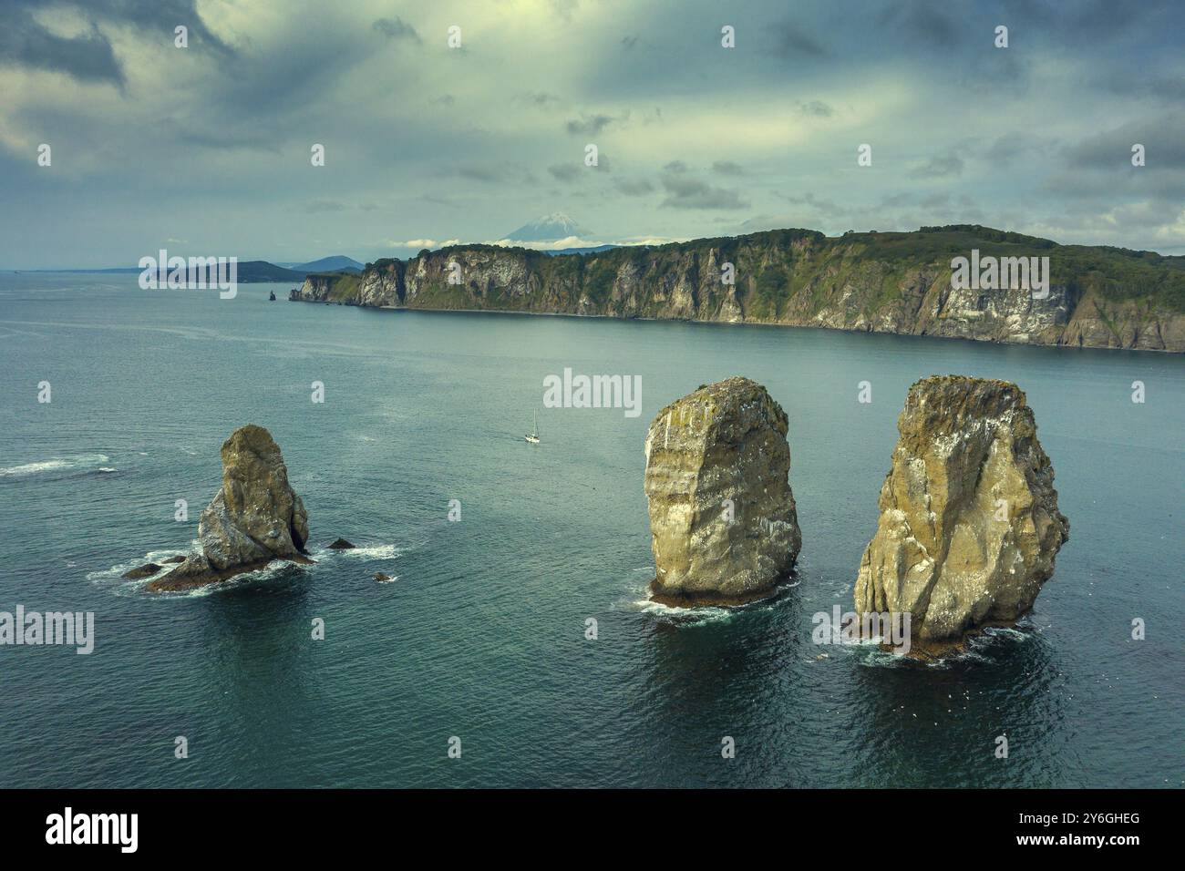 Aerial view of Three brother rocks, Avacha bay, Kamchatka peninsula ...