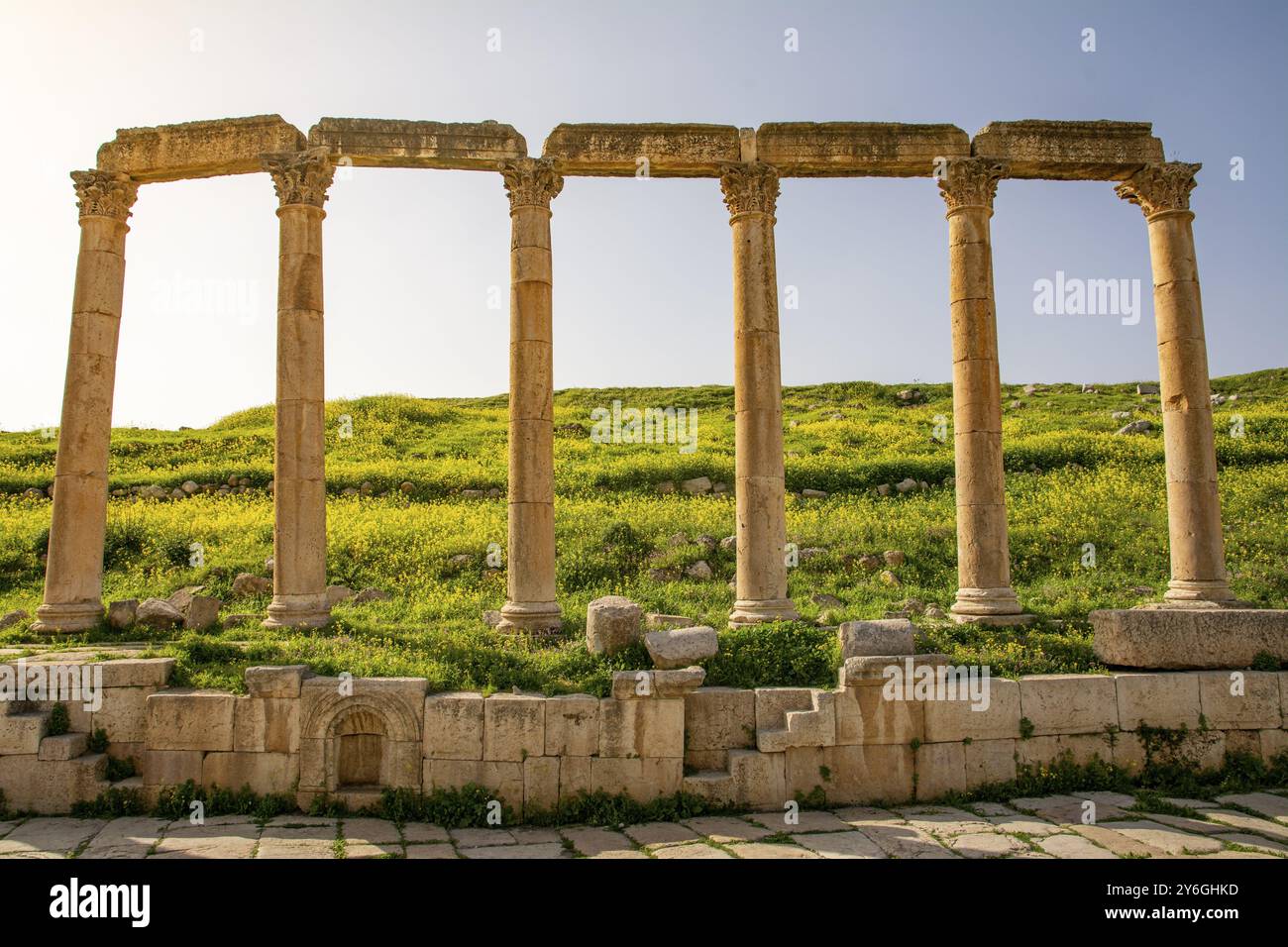 Pillars of the Colonnaded Street at the Roman historical site of Gerasa ...