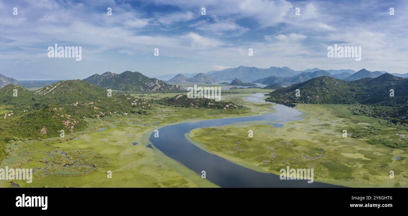 Aerial panorama view of Rijeka Crnojevica, beautiful river between mountains flowing into Skadar ...