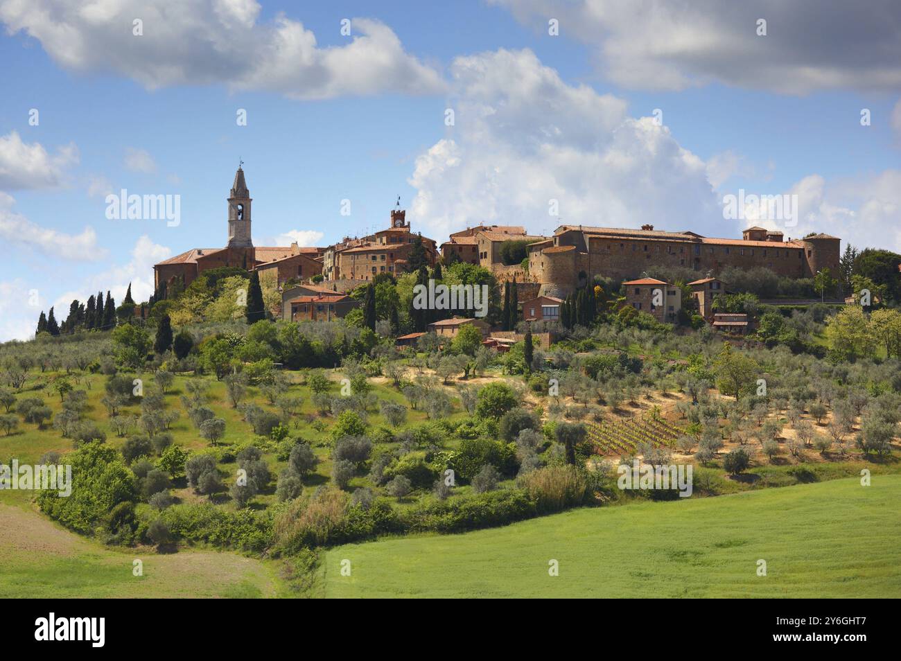 Old medieval italian town Pienza on top of the hill in Tuscany Stock ...
