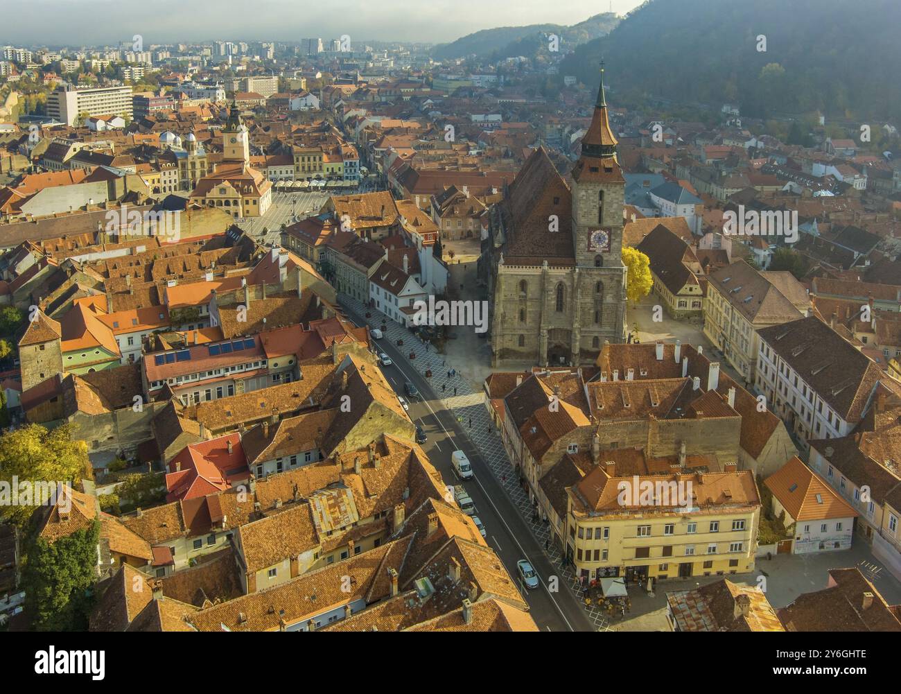 Aerial view of Brasov old town with Black Church and Piata Sfatului ...